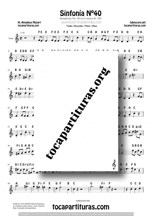 Sinfonía n.º 40 (Mozart) Easy Notes Sheet Music for Treble Clef (Violín ...